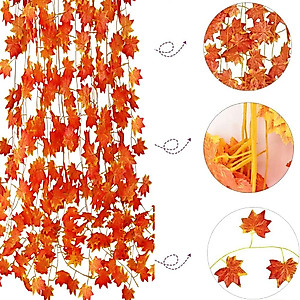 12 Pack Fall Leaves Leaf Garland Hanging Vines Artificial Maple Thanksgiving Decor for Home Wedding Fireplace Party Bedroom Kitchen Restaurant DIY Christmas Table Decorations Flower Garden