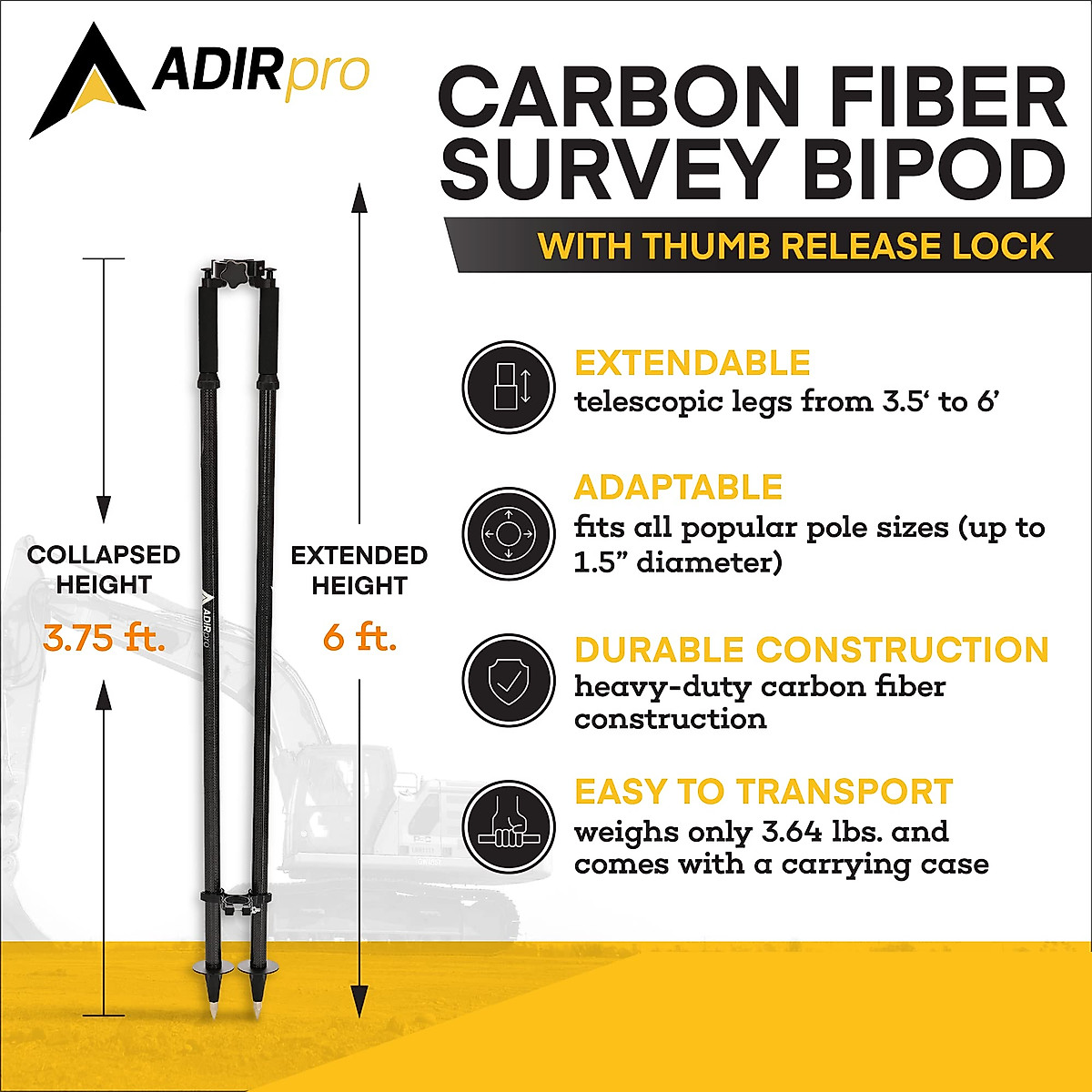 AdirPro 8.5-Foot Carbon Fiber Prism Pole with Adjustable Tip, & AdirPro Prism Pole Bipod Bundle