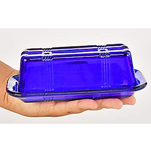 Home-X Glass Butter Dish with Lid - Vintage Style Butter Keeper for Countertop, Retro Butter Container with Cover, Dishwasher Safe Butter Holder, 6 3/4" L x 3 1/4" W x 2 1/2" H, Blue