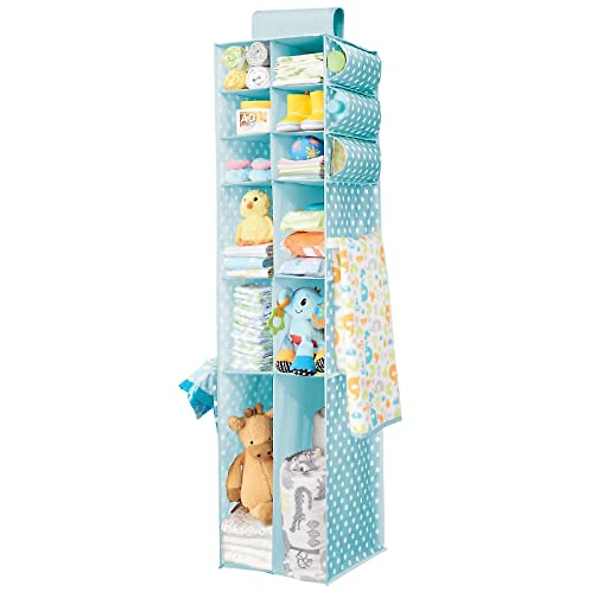 mDesign Long Soft Fabric Over Closet Rod Hanging Storage Organizer with 12 Divided Shelves, Side Pockets for Child/Kids Room or Nursery, Store Diapers, Wipes, Lotions, Toys - 2 Pack - Light Blue/White