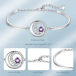 FANCIME February Birthstone Bracelets for Women 925 Sterling Silver Moon and Star Bangle Charm Amethyst Bracelet Purple Gemstone Jewelry Birthday Christmas Gifts for Mom Her