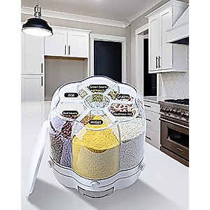 WOWFUNNY Grain Dispenser, 7.2 Qt Rotating Rice Dispenser Storage Container, 6-Compartment Dry Food Dispenser with Measuring Cup, Food Storage Containers for Kitchen Small Grains, Beans, Rice (7.2Qt)