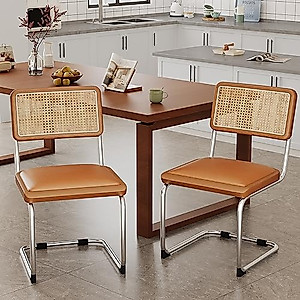 Alunaune Mid Century Modern Dining Chairs Set of 2, Upholstered Natural Rattan Kitchen Accent Chairs, Armless Side Chair with Metal Chrome Legs for Bedroom Living Room-Brown with PU Seat