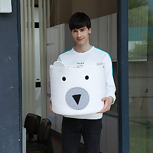 Bear Basket, Animal Basket, Large Cotton Rope Basket, Large Storage Basket, Woven Laundry Hamper, Cloth Storage Bin, for Clothes in Bedroom (White, 18"x15")