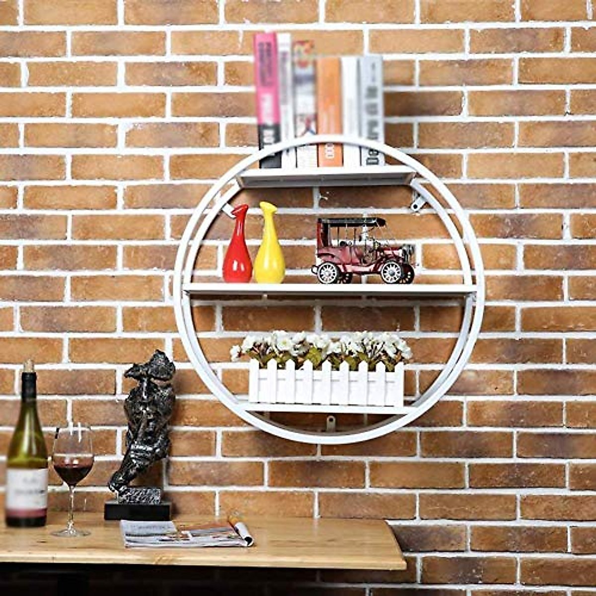 PIBM Stylish Simplicity Shelf Wall Mounted Floating Rack Shelves Round Shape Iron Art Storage Bookshelf Bar Living Room,2 Colours,3 Layers, White , 70x24x70cm