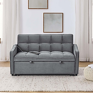 JEEOHEY Sleeper Sofa Couch with Type C, USB Port, 3 in 1 Modern Velvet Convertible Loveseat Sofa w/Pull Out Bed, Curved Armrest for Small Space Livingroom Apartment Office, Grey
