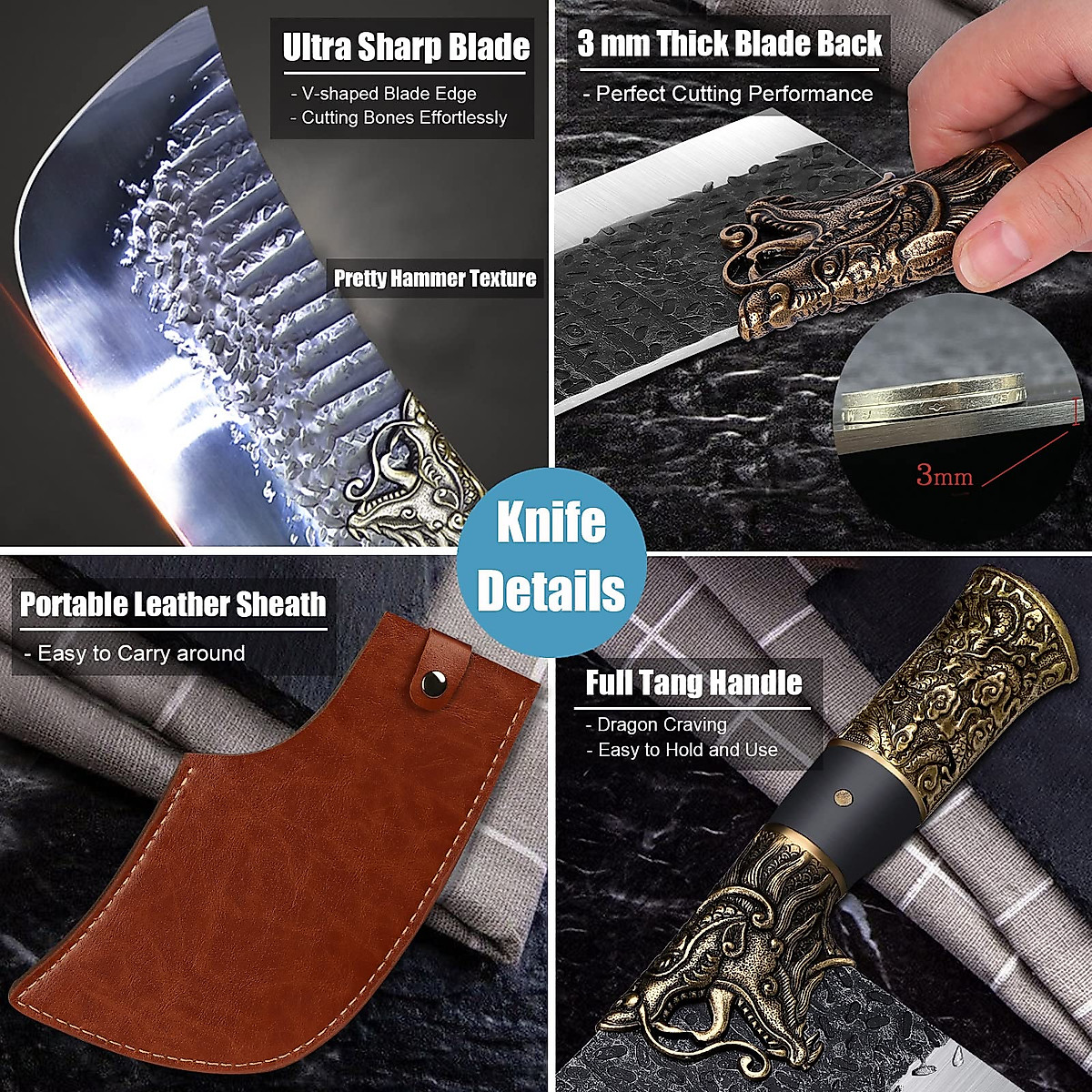 univinlions Meat Cleaver Butcher Knife Bone Cleaver Knife Heavy Duty Bone Chopper Knife with a Sheath for Kitchen Outdoor Birthday Christmas Gift Idea Men