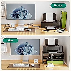 Printer Stand for Desktop, Wooden Printer Stand Shelf with Storage, Printer Shelf for Desk, Printer Holder for Home Office, Faux Black Marble, 15.7”L x 11.8”W x 8.2”H