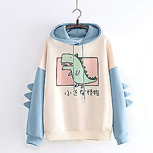 Meikosks Women's Dinosaur Sweatshirt Long Sleeve Splice Tops Cartoon Cute Hoodies Teens Girls Casual Pullover (Blue, Large, l)