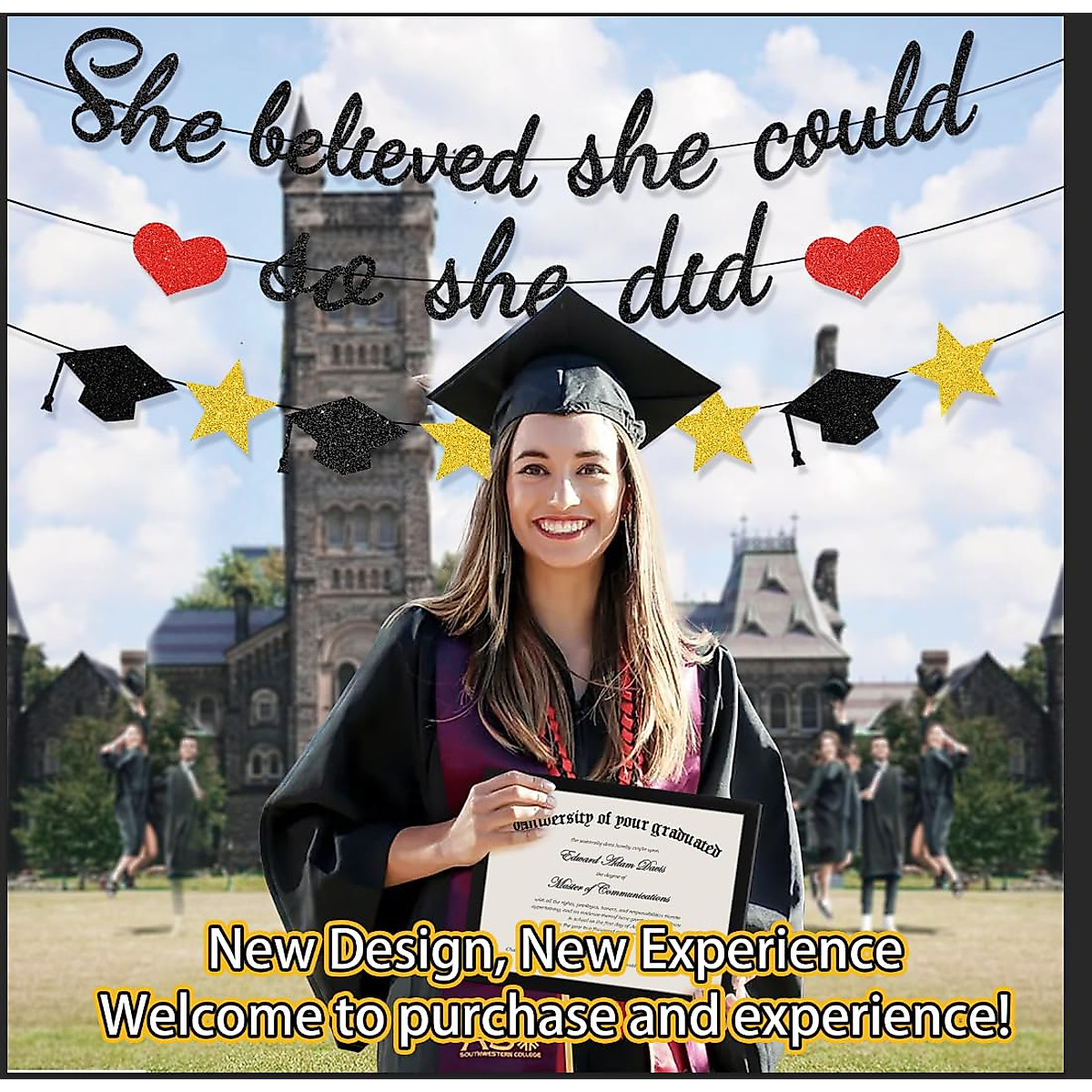 Unibday Graduation Decorations Class of 2024, She Believed She Could So She Did, Black Glitter Graduation Party Decorations 2024,Congrats Grad Bannerfor Congratulation Graduation Party