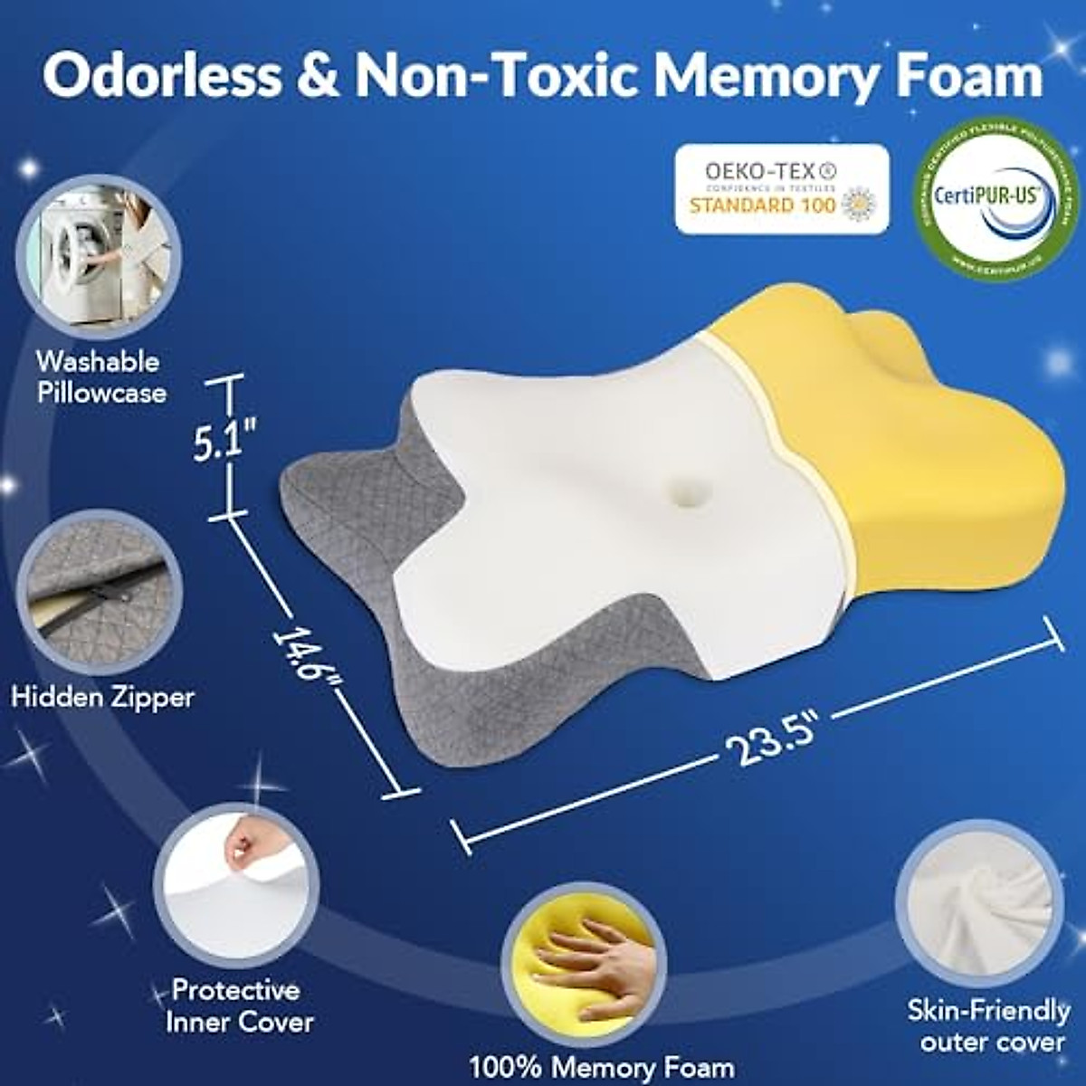 Teemour Memory Foam Pillow for Neck and Shoulder 2 in 1 Pillow for Sleeping, Memory Foam Neck Pillows Neck Support Pillow for Side Back Stomach Sleepers Cooling Pillow with Pillowcase