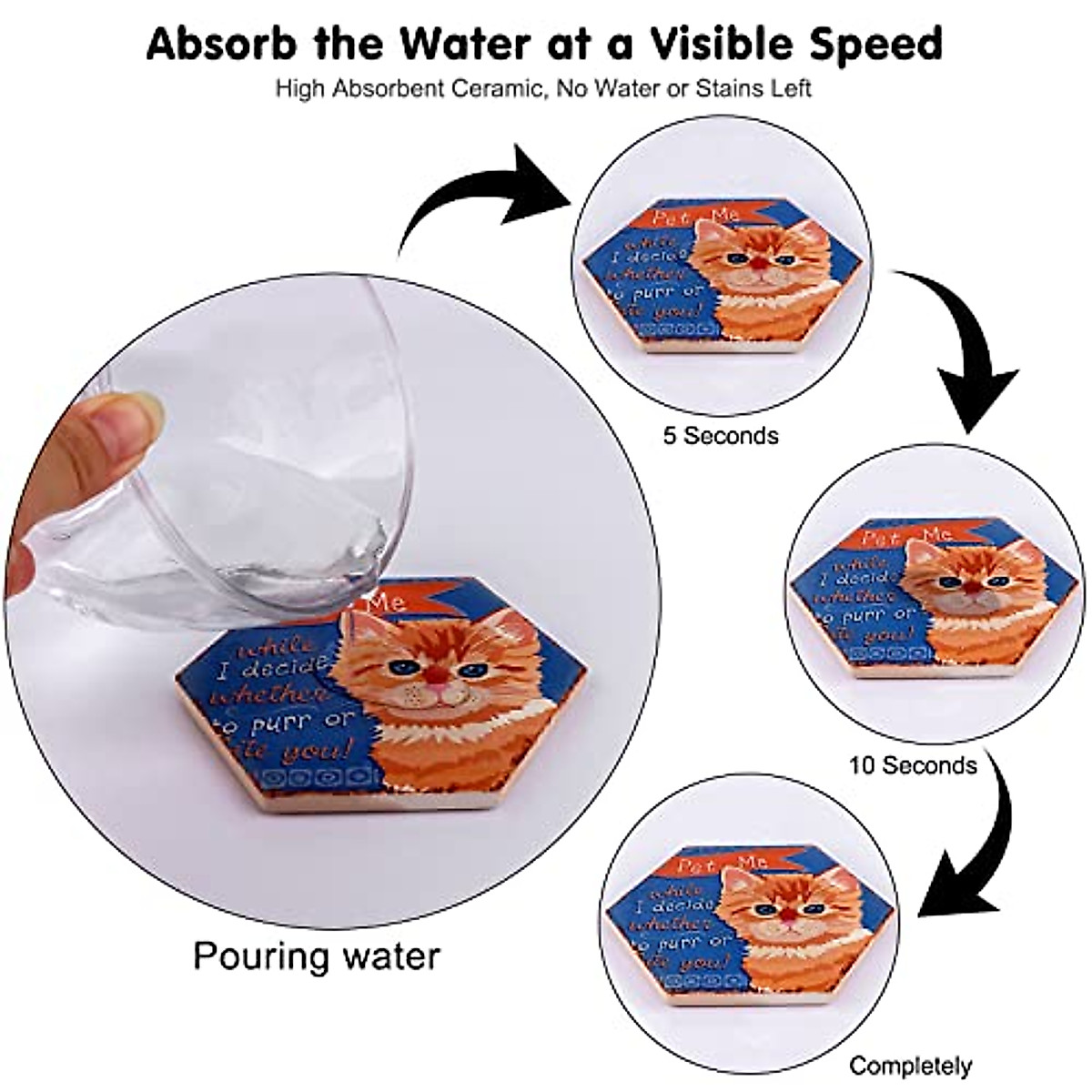 ONENAX Drink Coaster with Holder, 7 Pcs Set Beverage Coaster, Cat Pattern Hexagon Style Coaster for Tabletop Protection, Ceramic Top and Cork Backing. Gift Idea