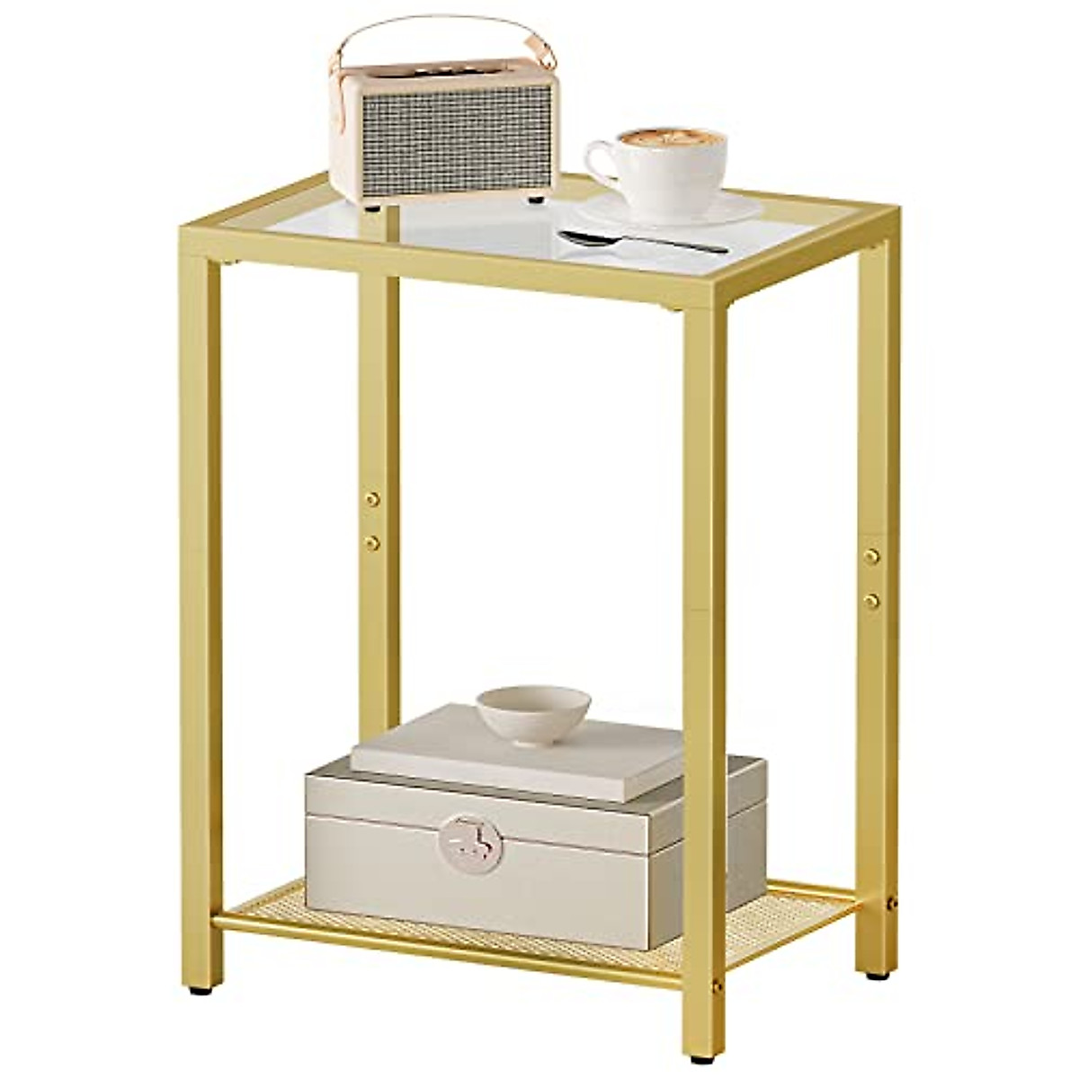 HOOBRO Set of 2 Side Tables, 2-Tier End Table, Nightstands for Tight Spaces, Tempered Glass Bedside Tables, Modern Metal Frame, for Office, Bedroom, Living Room, Study, Gold GD76BZP201