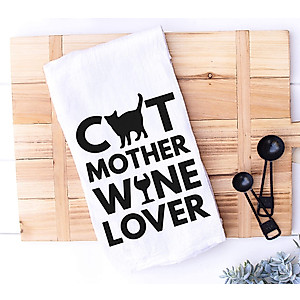 Handmade Funny Kitchen Towel - 100% Cotton Funny Cat Dish Towel - 28x28 Inch Perfect for Housewarming Cat Dog Lovers - Christmas - Pet Lovers Gift (Cat Mother Wine Lover)
