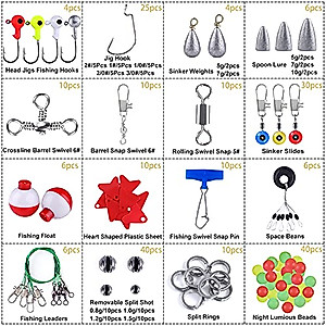 TOPFORT 187/343pcs Fishing Accessories Kit, Including Jig Hooks, Bullet Bass Casting Sinker Weights, Fishing Swivels Snaps, Sinker Slides, Fishing Set with Tackle Box