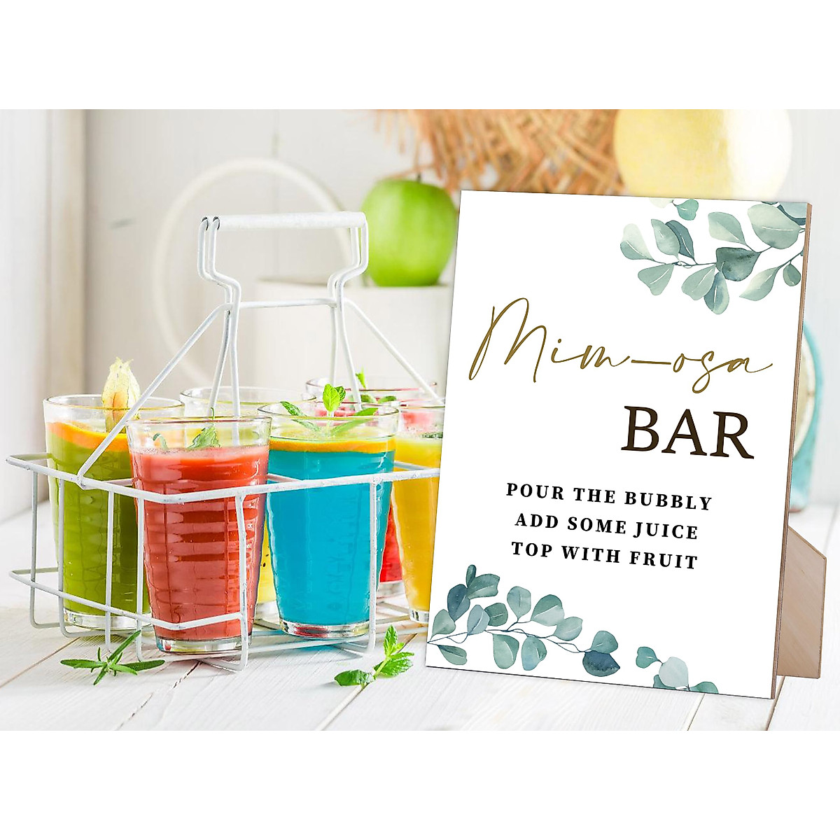 Greenery Eucalyptus Mimosa Bar Sign,Eucalyptus Mimosa Bar Decor,for Wedding Reception & Event Party,Table Centerpieces for Party Event,Bridal Shower Decor,Wedding Party Sign,Wood Signage With Stand,22