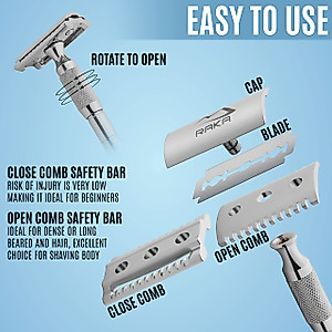 Raka Long Handle Double Edge Safety Razor for Men With Extra Free Open Comb - Twist to Razors, Along 10 stainless Steel Blades better shaving experience, silver, 12 Piece Set