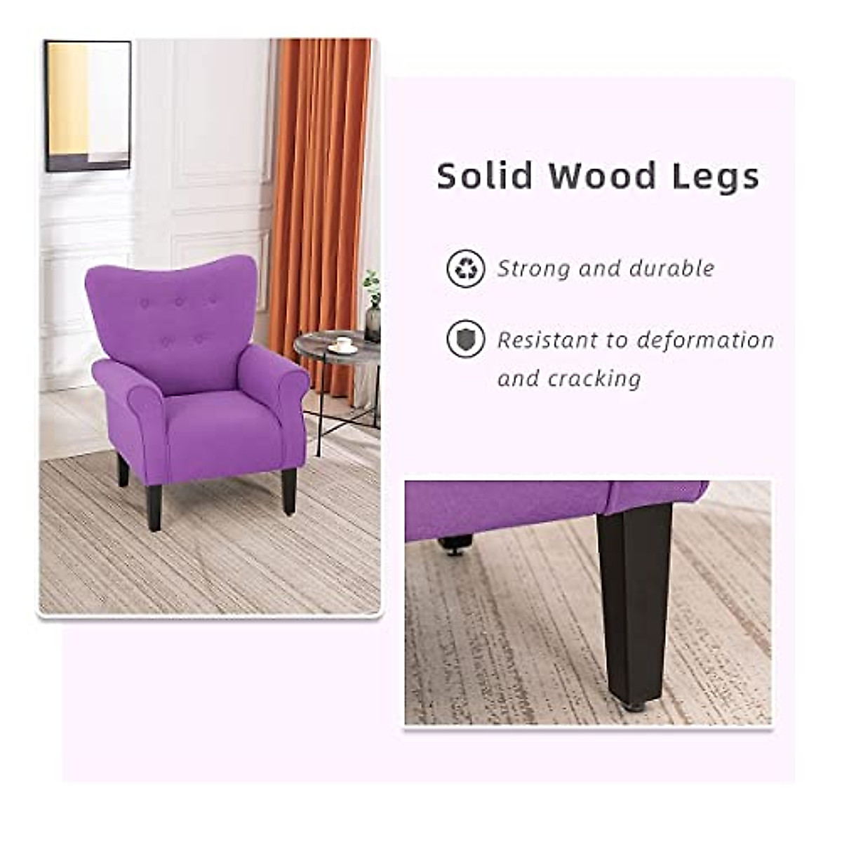 YOLENY Modern Accent Chair,High Back Armchair,Upholstered Fabric Button Single Sofa with Wooden Legs for Living Room, Bedroom, Club, Purple