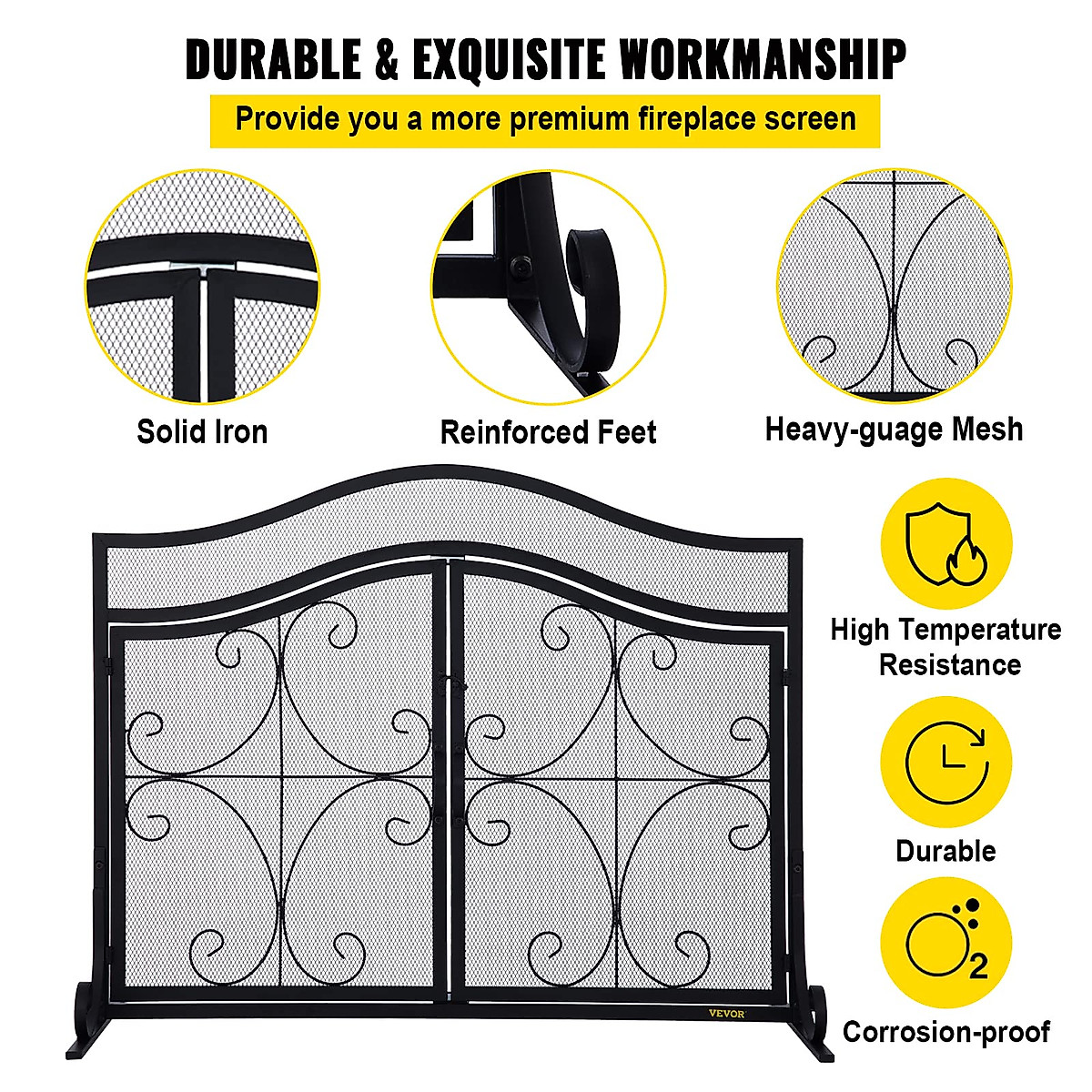 VEVOR Fireplace Screen, 39 x 26.6 Inch, Double Door Iron Freestanding Spark Guard with Support, Metal Mesh Craft, Broom Tong Shovel Poker Included for Fireplace Decoration & Protection, Black