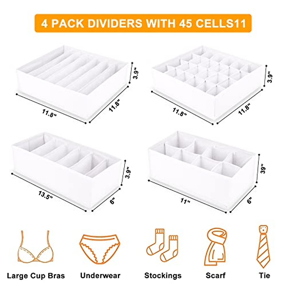 AzxecVcer 4 Set Sock Underwear Organizer,45 Cell Foldable Washable Odorless Fabric Drawer Organizers Storage Divider for Clothing, Baby Clothes, Bra, Panty, Socks, Scarf, Ties (White)