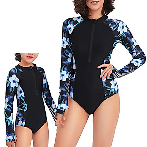 Mommy and Me Matching Swimsuit with Long-Sleeve: Girls 11 12 Years One Piece Rash Guard Bathing Suit UV UPF 50+ Sun Protection Printed Zipper Surfing Swimsuits