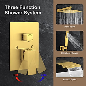 JOMEOO 12 Inch Brushed Gold Shower Head with Tub Spout, 3 Function Wall Mounted Bathtub Shower Faucet Set, Bathroom High Pressure Rain Shower Head with Handheld Sprayer Rough in Valve Body and Trim