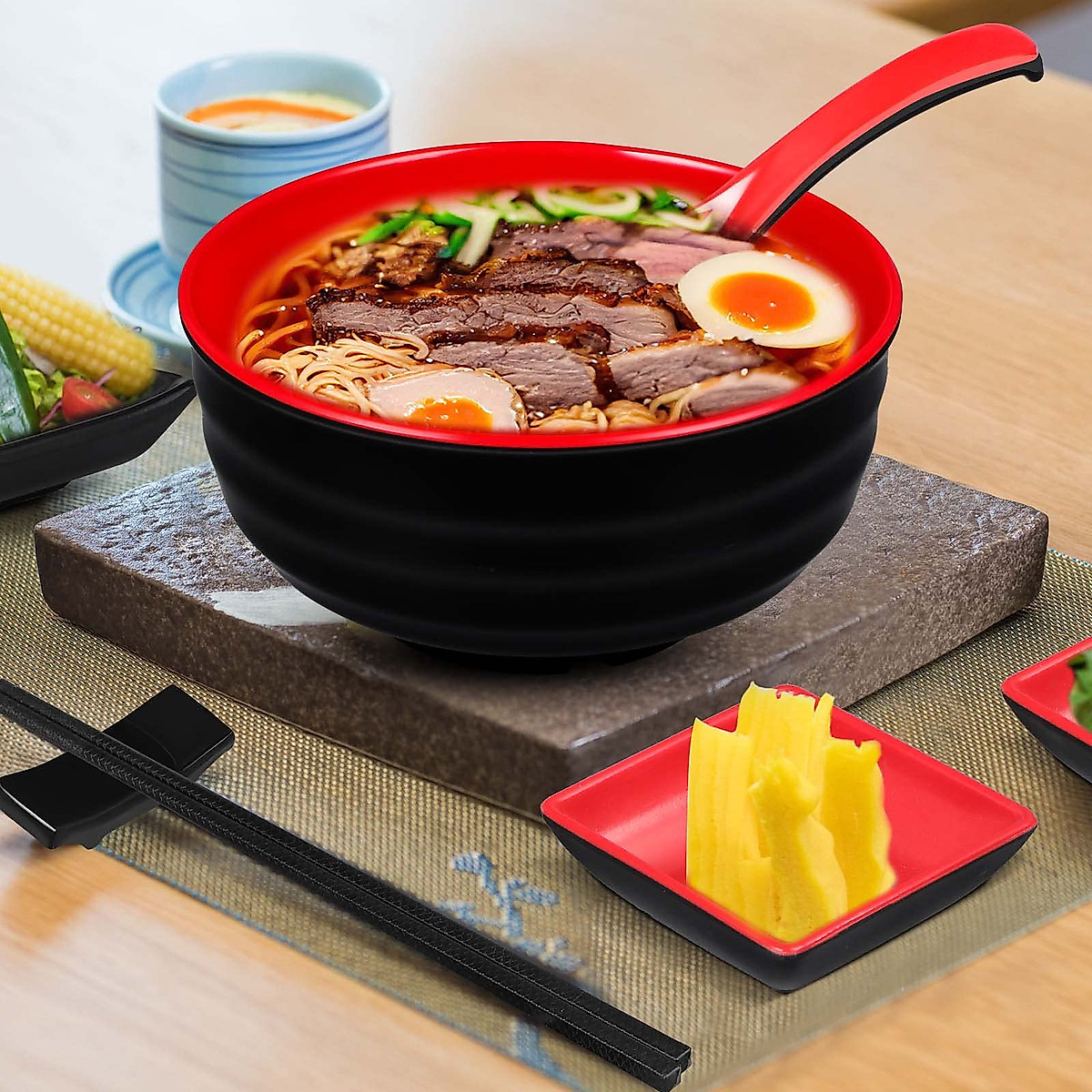 meekoo 6 Sets Japanese 41oz Ramen Bowl Bulk Asian Chinese Large Ramen Noodle Bowl Melamine Pho Bowl with Dipping Bowls Spoons Chopsticks and Chopsticks Stands for Udon Soba Asian Noodle