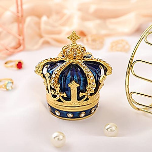 QIFU Hand Painted Enameled Blue Crown Style Decorative Hinged Jewelry Trinket Box Unique Gift or Home Decor