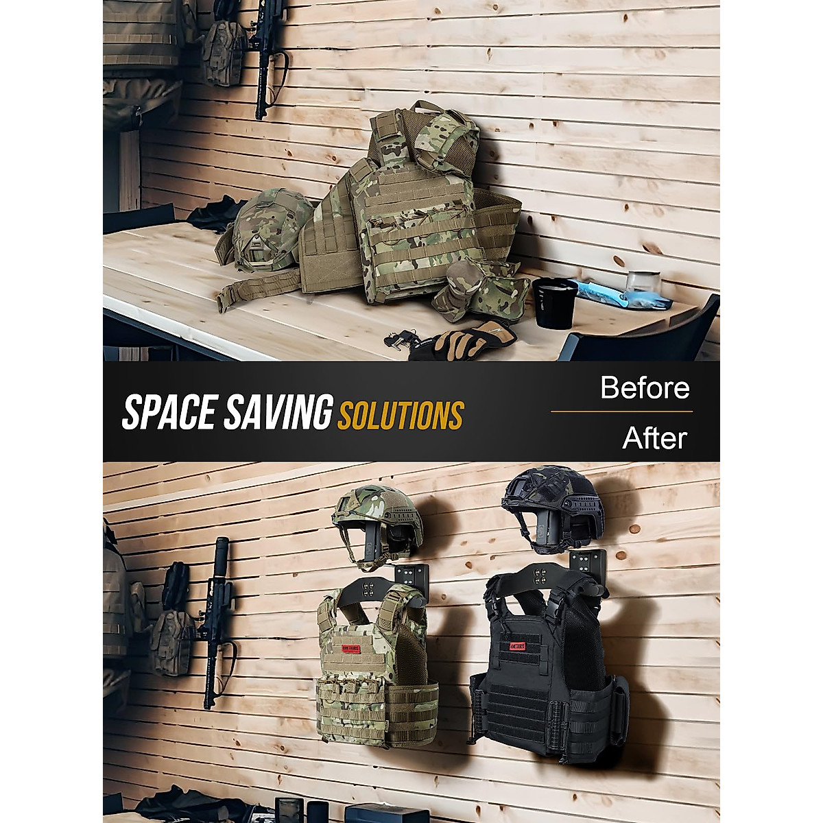 OneTigris Motorcycle Helmet Holder Wall Mount, Tactical Gear Holder with Helmet Stand and Plate Carrier Hanger, Solid Wood Wall Rack Organizer & Display for Police, Football, Cycling Gear