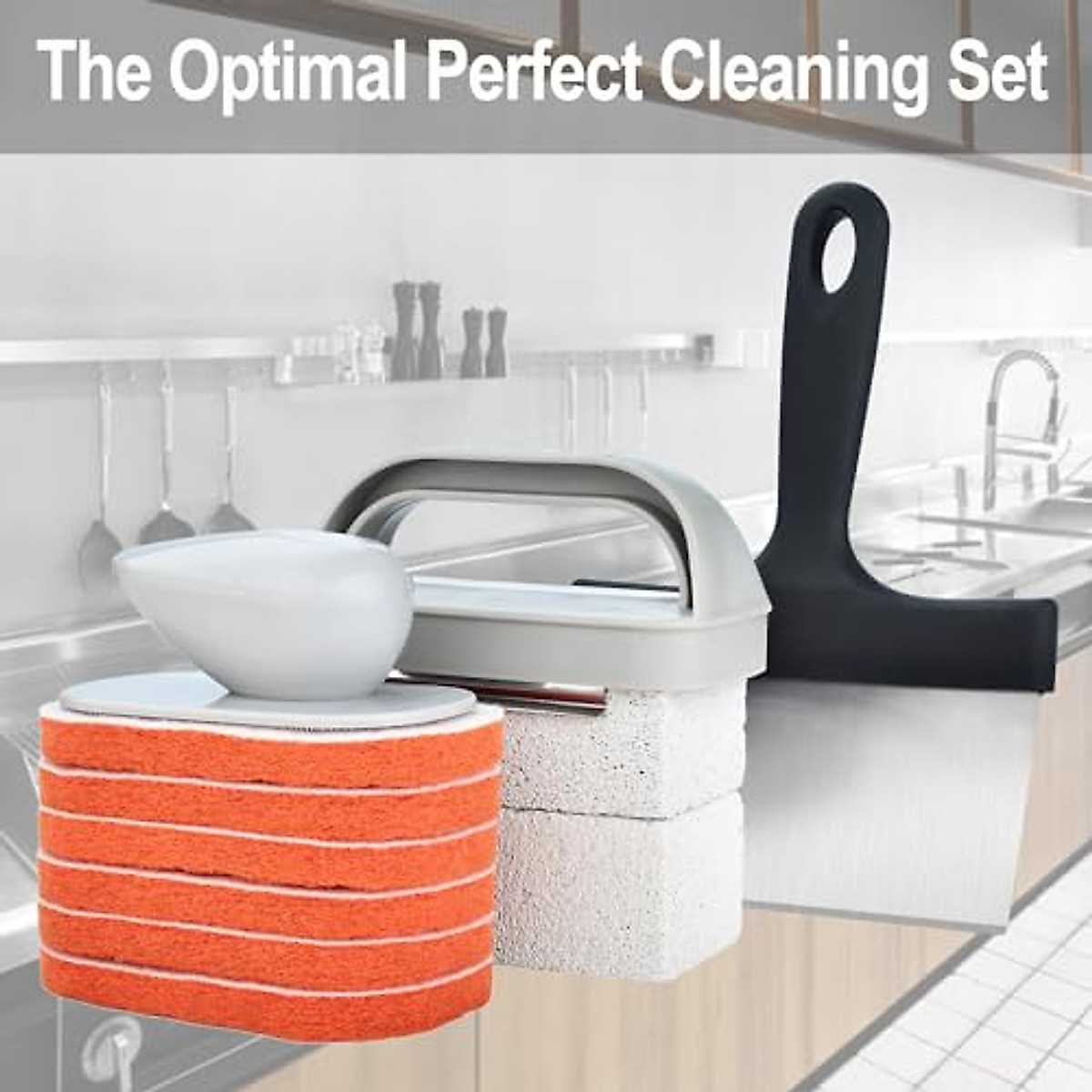 Griddle Cleaning Kit for Blackstone- Heavy-Duty Metal Scraper, 2 Grill Cleaning Blocks, and 6 Scouring Pads with Holder - Ultimate Flatop Maintenance Set