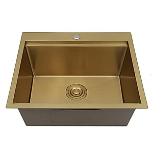 STARSTAR Workstation Ledge Topmount/Drop-in Single Bowl Satin Matte Stainless Steel Kitchen/Yard/Bar/Laundry/Office Sink, With Grid, Colander, Cutting Board, Strainer (23x20x9 Gold)