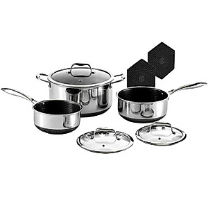 HexClad Hybrid Nonstick 6-Piece Pot Set with Trivets, 2, 3, and 8-Quart Pots with Tempered Glass Lids, 2 Silicone Trivets Included, Dishwasher Safe, Compatible with All Cooktops