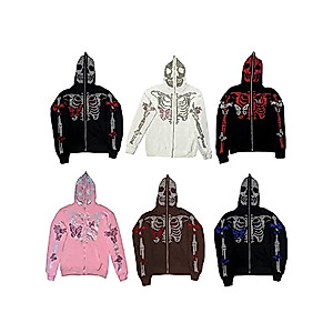 Men Rhinestone Hoodies Y2k Full Zip Up Hoodies Women Oversized Skull Skeleton Graphic Sweatshirt Zip Over Face Gothic Jackets (Blue, L)