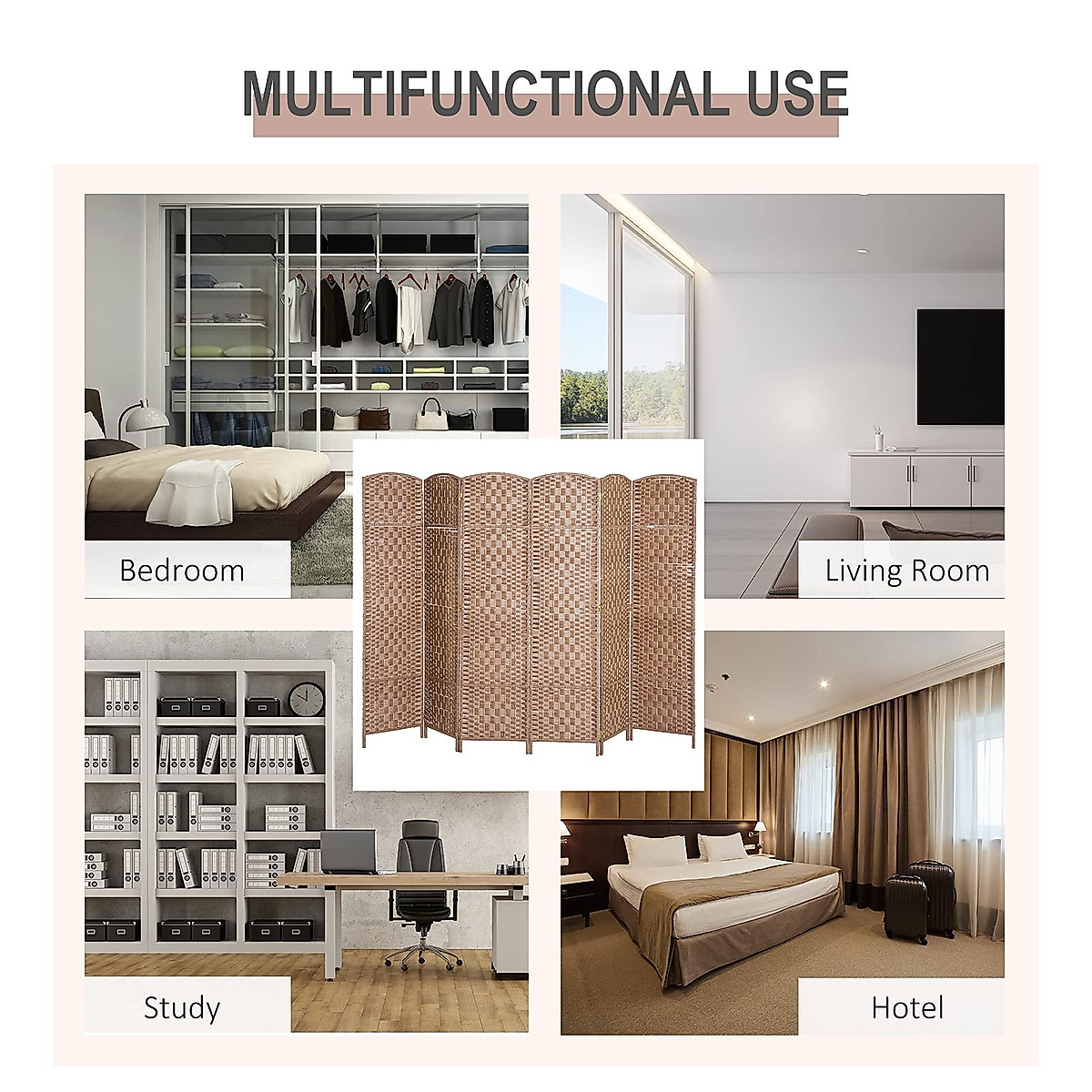 HOMCOM Room Divider, 6 Panel Folding Privacy Screen, 6FT Tall Portable Wicker Weave Partition Wall Divider for Bedroom, Home Office, Natural