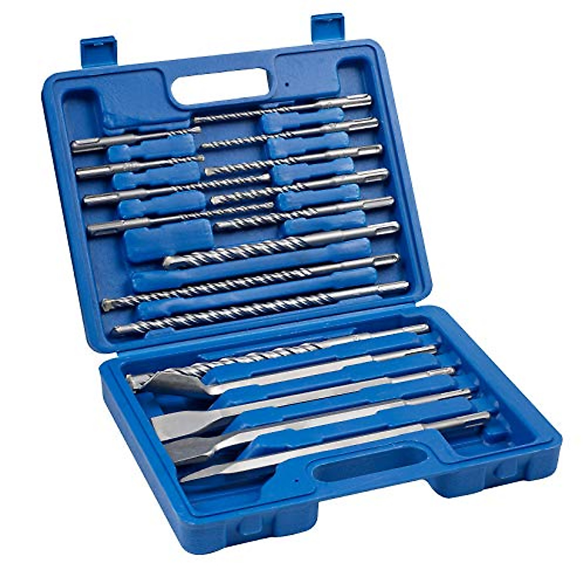 RVIQI 17 PCS Hammer Drill Bits and Chisels Set, SDS Plus Shank Connection Concrete Masonry Hole Tool Including Carbide Rotary Drill Bits, Pointed and Flat Chisels, Hard Storage Case