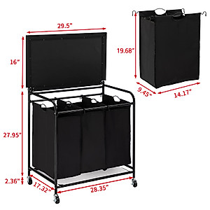 HollyHOME Rectangular Laundry Sorter with Folding Ironing Board, 3-Section Laundry Basket Sorter with Lockable Wheels for Laundry Bedroom Bathroom Living Room Black