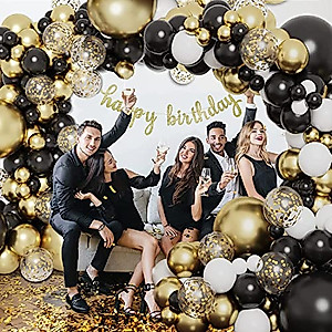 Black and Gold and White Balloon Garland Arch Kit with Black Gold Confetti Balloons Shiny Gold Happy Birthday Banner for Graduation Baby Shower Birthday Wedding Decoration