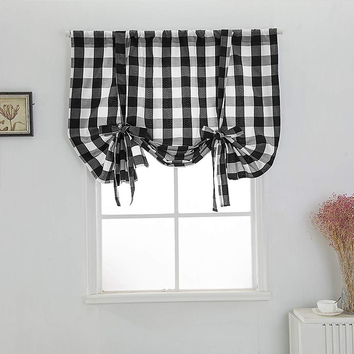 JAIJY Buffalo Check Plaid Balloon Drape Gingham Shade Tie Up Roman Valance Rod Pocket Classic Window Treatment Semi Blackout Curtains for Small Window Farmhouse Kitchen, 1 Panel, 63" Long, Black