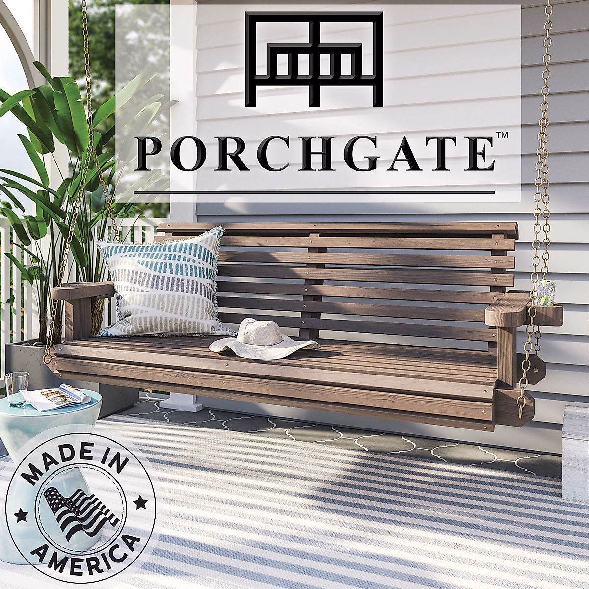 Porchgate Amish Heavy Duty 800 Lb Roll Comfort Treated Porch Swing W/Chains (5 Foot, Warm Walnut Stain)