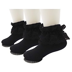 Xiyadun Toddler & Girls Eyelet Frilly Dress Socks Ruffle Lace Cotton Socks(Black-3 pairs, 8-11 Years)
