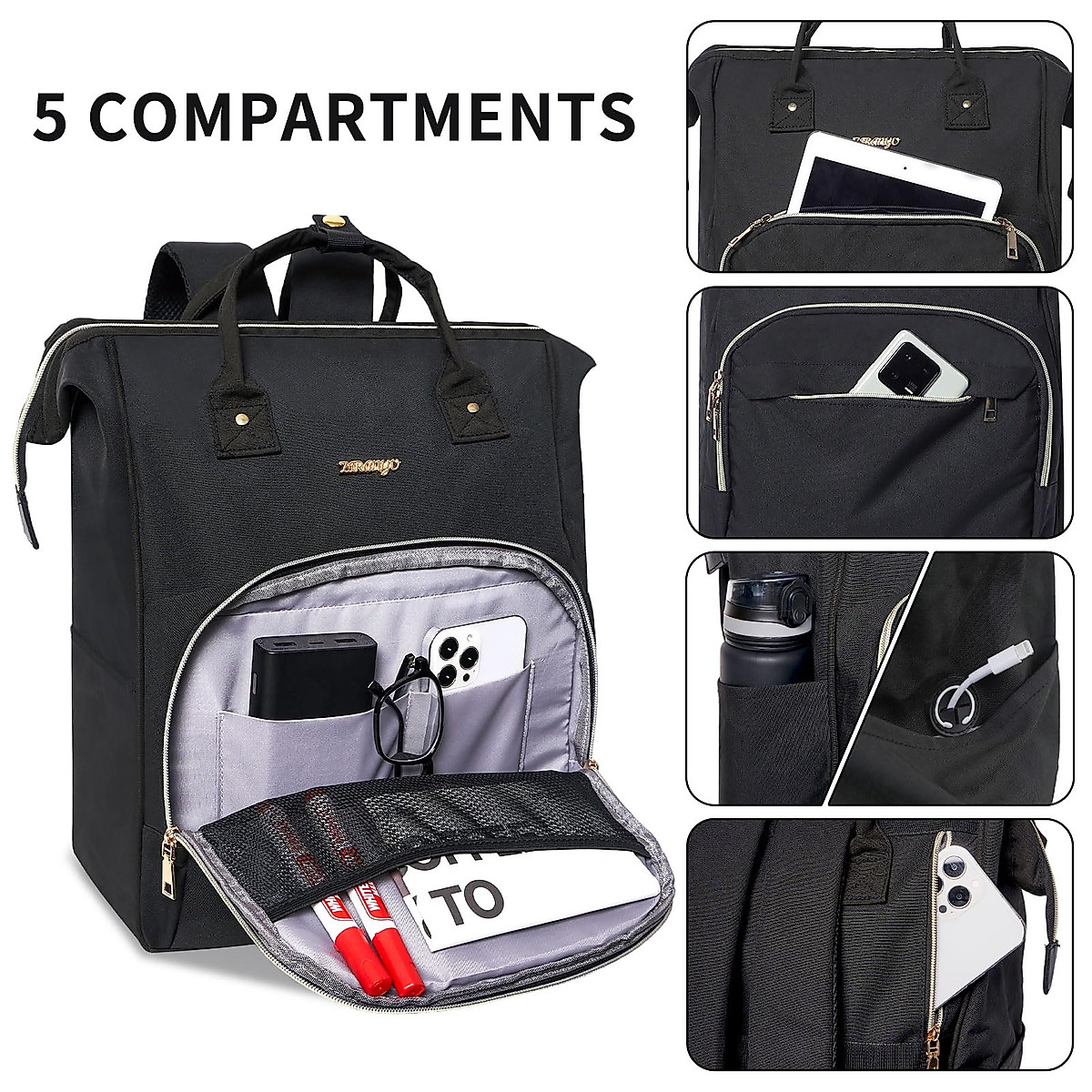 ZIRANYU Large Travel Backpack for Women, 15.6 Inch Laptop Backpack, Computer Work Bag, Waterproof Business Backpack, Nurse Teacher Backpack with USB Port, Black