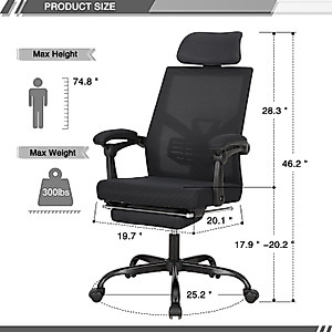 Qulomvs Mesh Ergonomic Office Chair with Footrest Home Office Desk Chair with Headrest and Backrest 90-135 Adjustable Computer Executive Desk Chair with Wheels 360 Swivel Task Chair