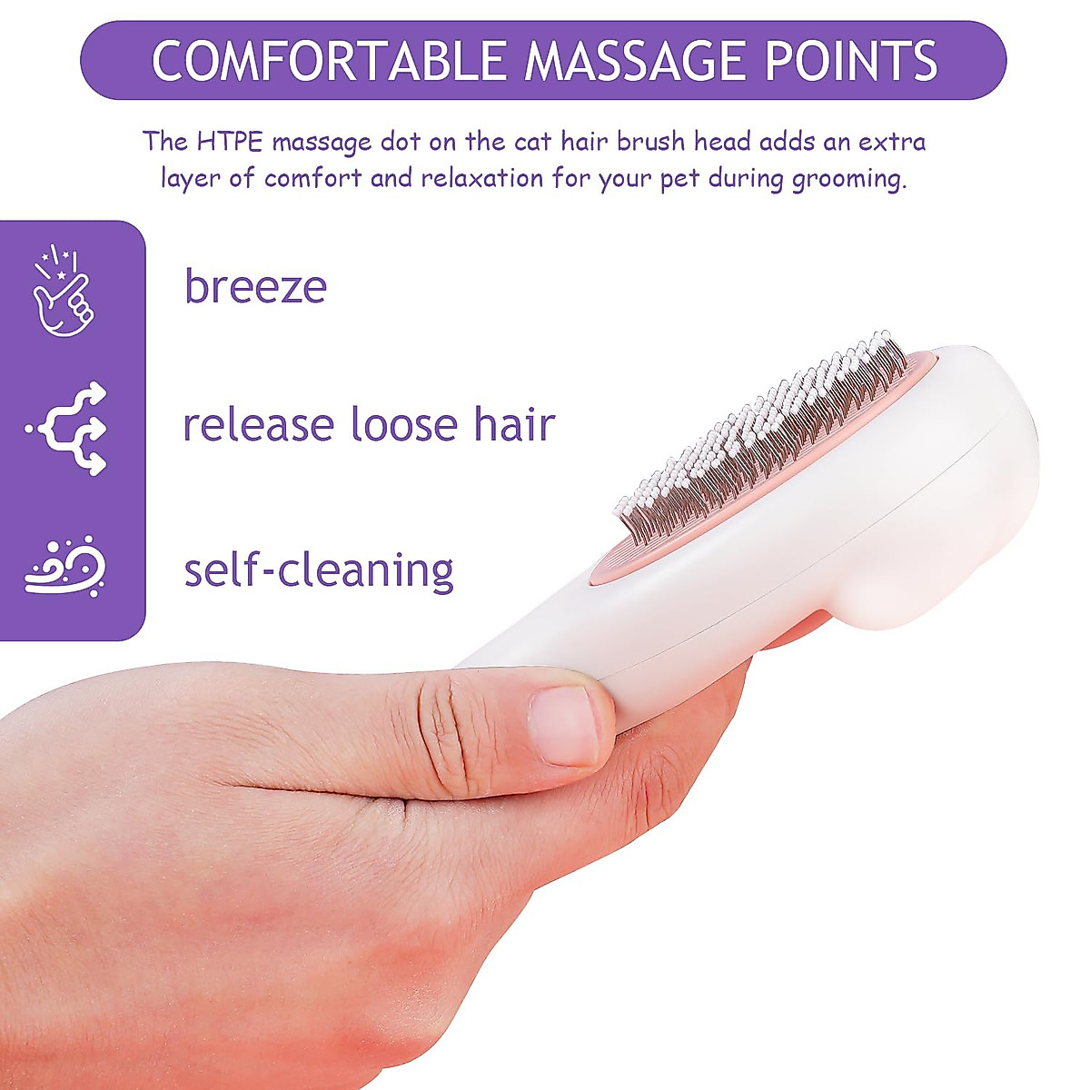 QIICJUR Cat Brush for Long or Short Haired Cats and Dogs, Self Cleaning Pet Hair Brush, Removes Loose Fur, Tangles, Mats, Dander, Dirt, Provides Relaxing Massage, Pink White