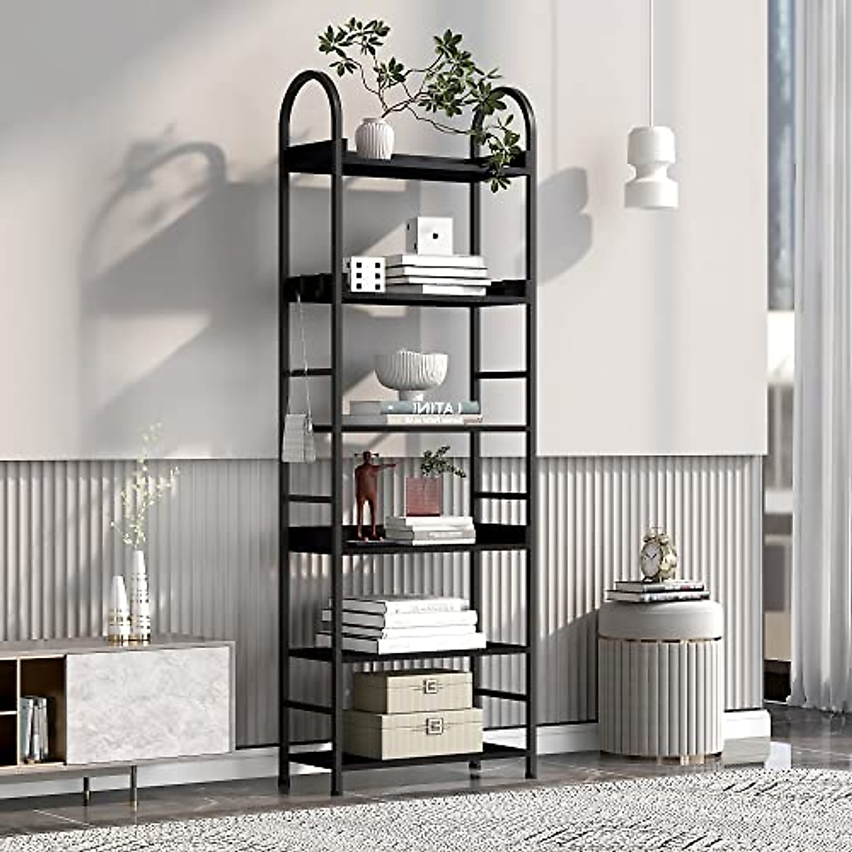 Merax Bookshelf, 6-Tier Bookcase with 4 Hooks, 70.8 Inch Tall Industrial Wood Storage Rack, Arched Open Shelves for Home Office, Living Room, Bedroom, Kitchen