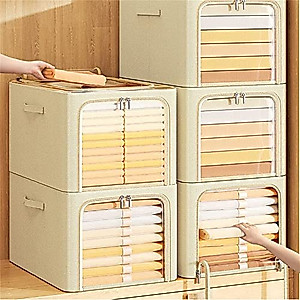 Clothes Storage Organizer Bins Containers, Waterproof Cotton Linen Steel Frame Storage Box, Stackable Storage Bins for Clothing Storage with Clear Window & Reinforced Handles, 1PC (31L, beige)