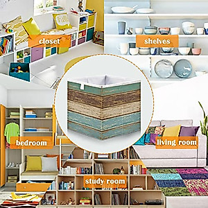 ALAZA Rustic Country Wooden Farmhouse 11 Inch Cube Storage Bin Organizer Foldable Basket for Closet Cabinet Shelf Office