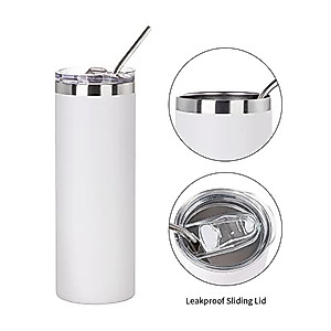 PYD Life Sublimation Blanks Tumbler Skinny Straight Matte White Powder Coating 20 OZ Coffee Stainless Steel Tumbler Cups with Lid and Metal Straw for Tumbler Heat Press 4 Pack