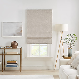 Eclipse Drewton Motorized 100% Blackout Cordless 35 in Wide x 64 in Long Textured Roman Shade in Linen