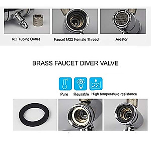 PureSec 2 Way Kitchen Faucet Diverter Valve/Splitter with Female M22(≈22mm) Thread and 1/4 OD RO Tubing outlet for Counter water Filter