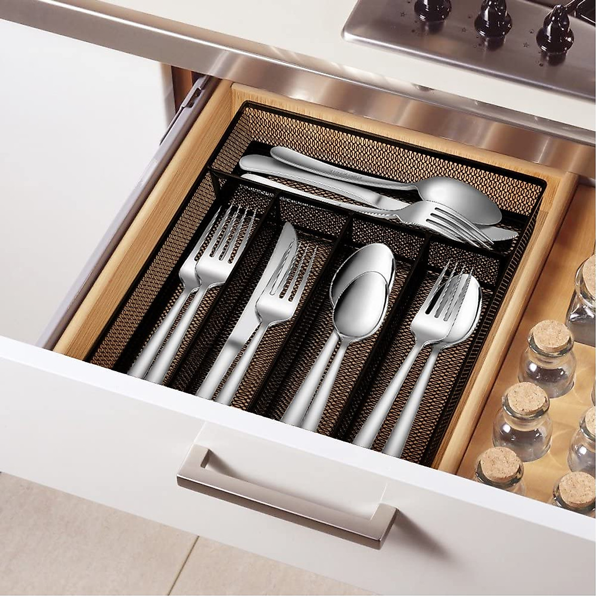 COSWE Silverware Tray for Drawer, Silverware Organizer, Metal Drawer Organizer Kitchen Utensils with Foam Feet Multi Compartments Cutlery Organizer in Drawer